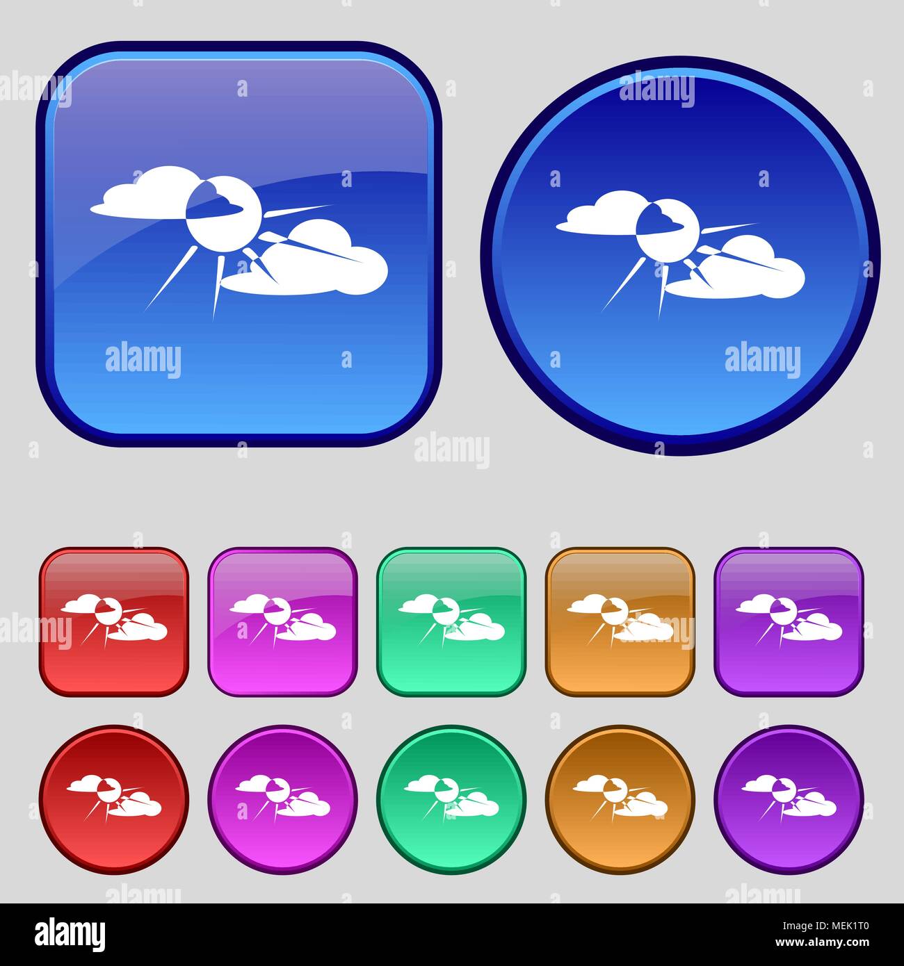 sun behind cloud icon sign. A set of twelve vintage buttons for your ...