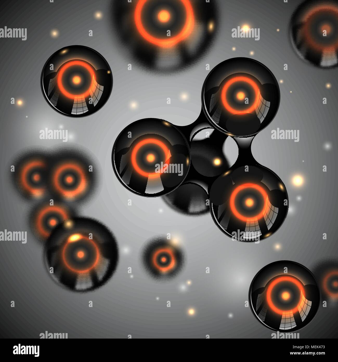 Vector abstract black glossy molecules design. Atoms with glow nuclear ...