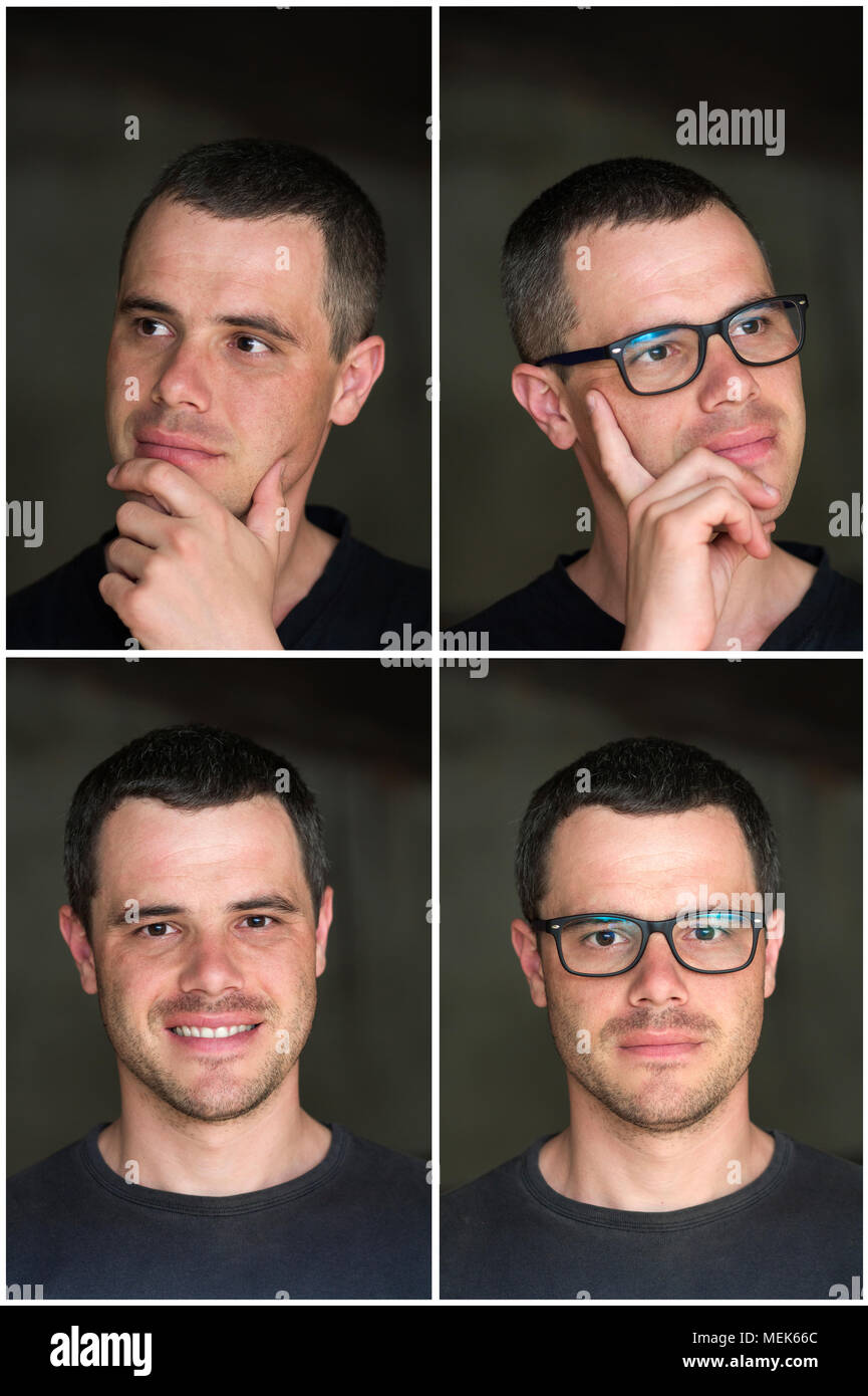 Collage of four portraits of young handsome black-haired unshaven ...