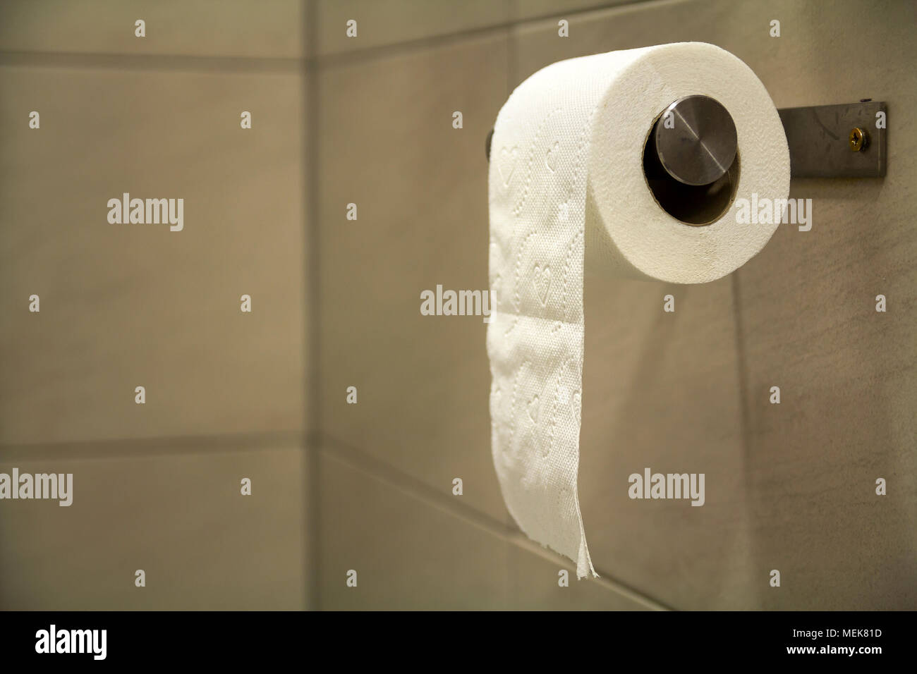 Close-up of white soft tissue paper roll in bathroom, restroom, wc on ...