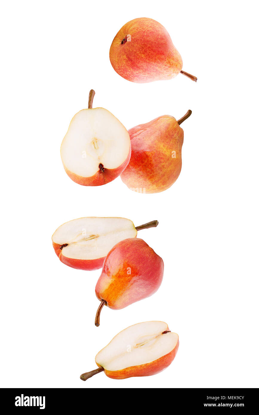 Isolated falling fruits. Falling sweet pear fruits isolated on white ...