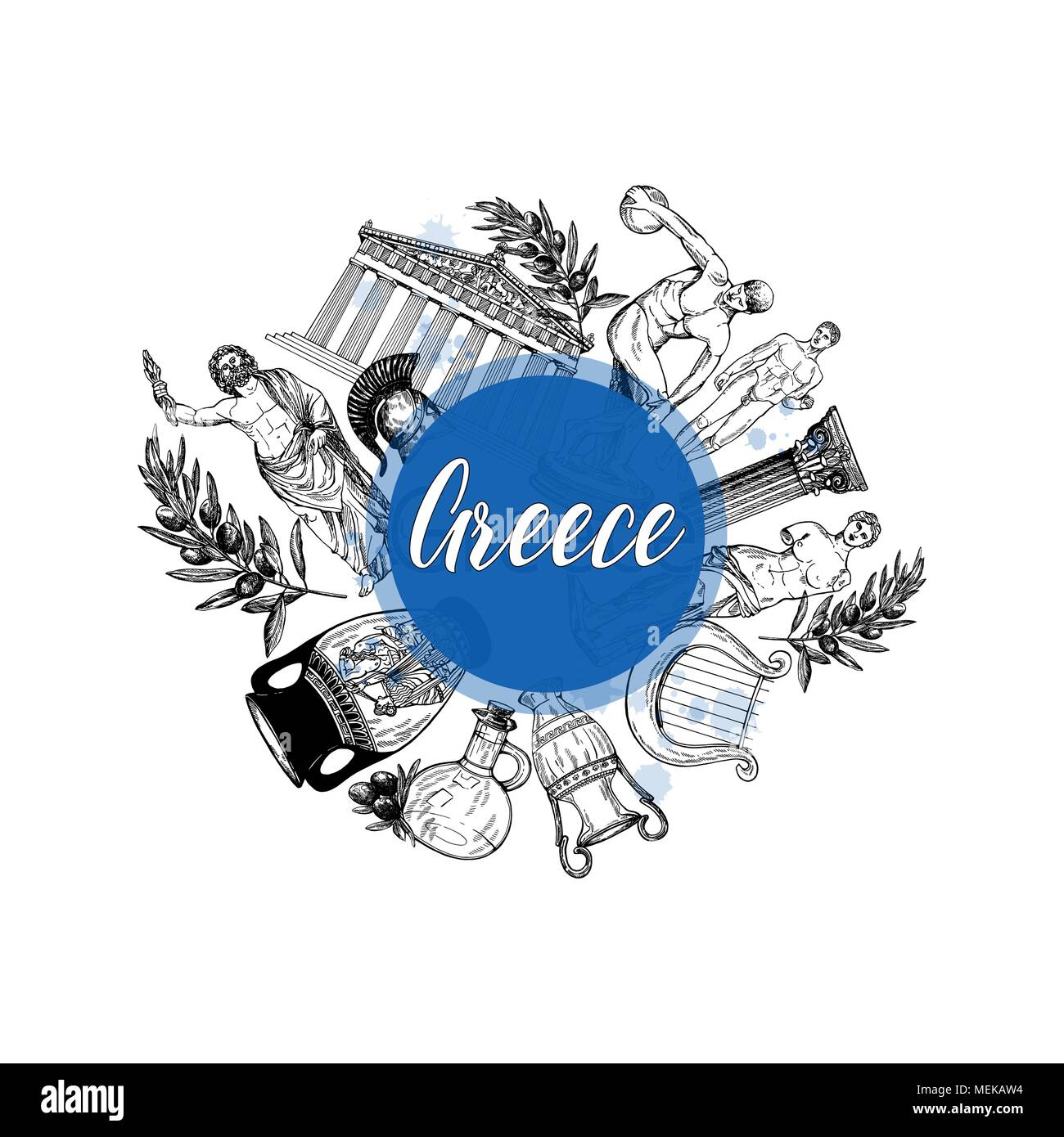 Set of hand drawn sketch style Greek themed isolated objects. Vector ...