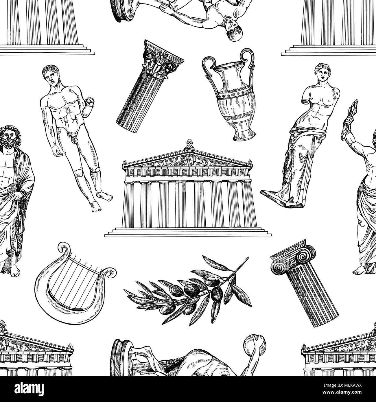 Seamless pattern of hand drawn sketch style Greek themed objects ...