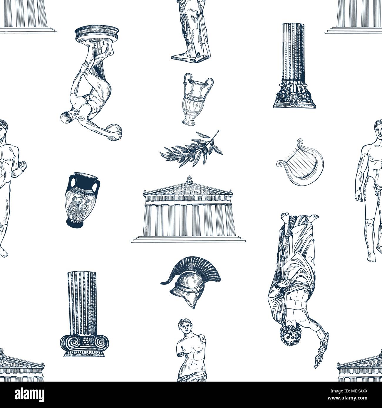Seamless pattern of hand drawn sketch style Greek themed objects ...