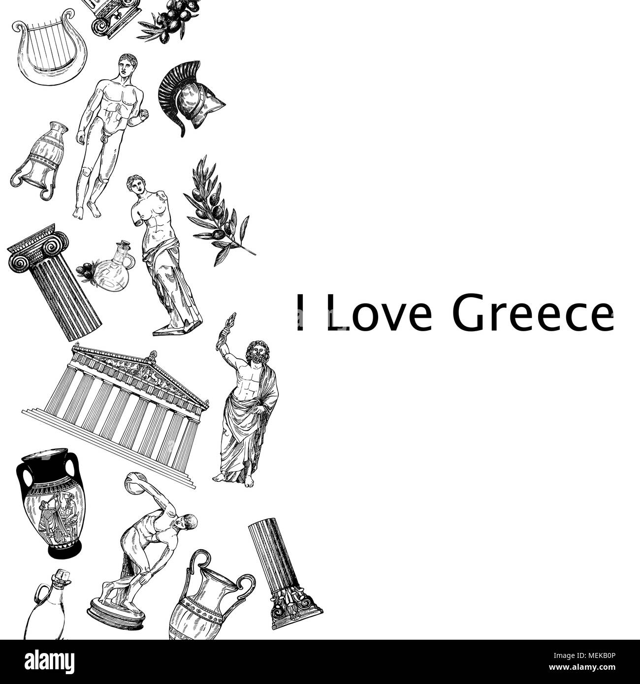 Hand drawn sketch style Greek themed objects isolated on white ...