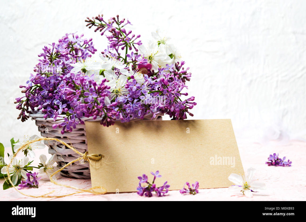 Lilac flowers arrangement with empty paper note card Stock Photo - Alamy