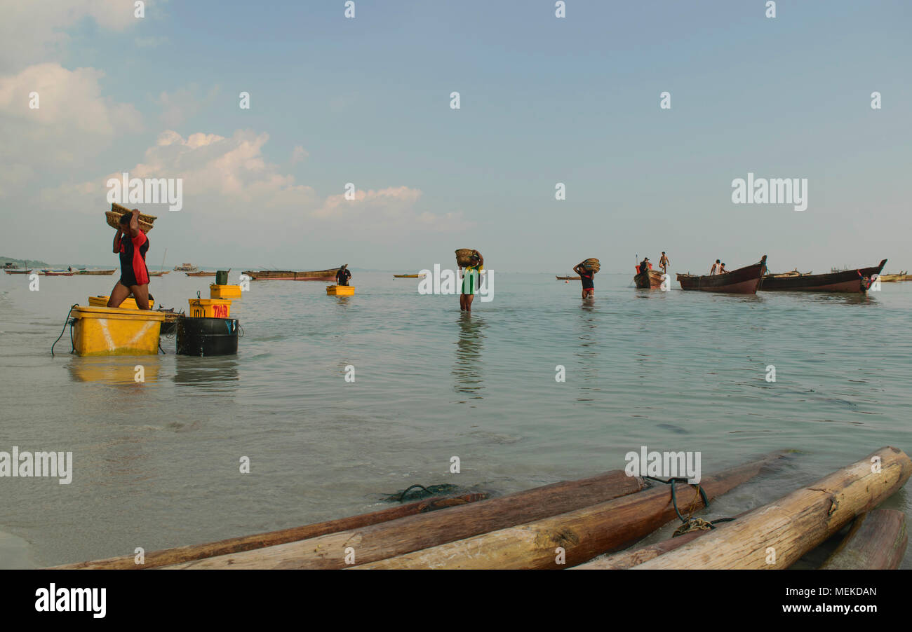 activities of traditional fishermen/fisherman on the beach at morning ...