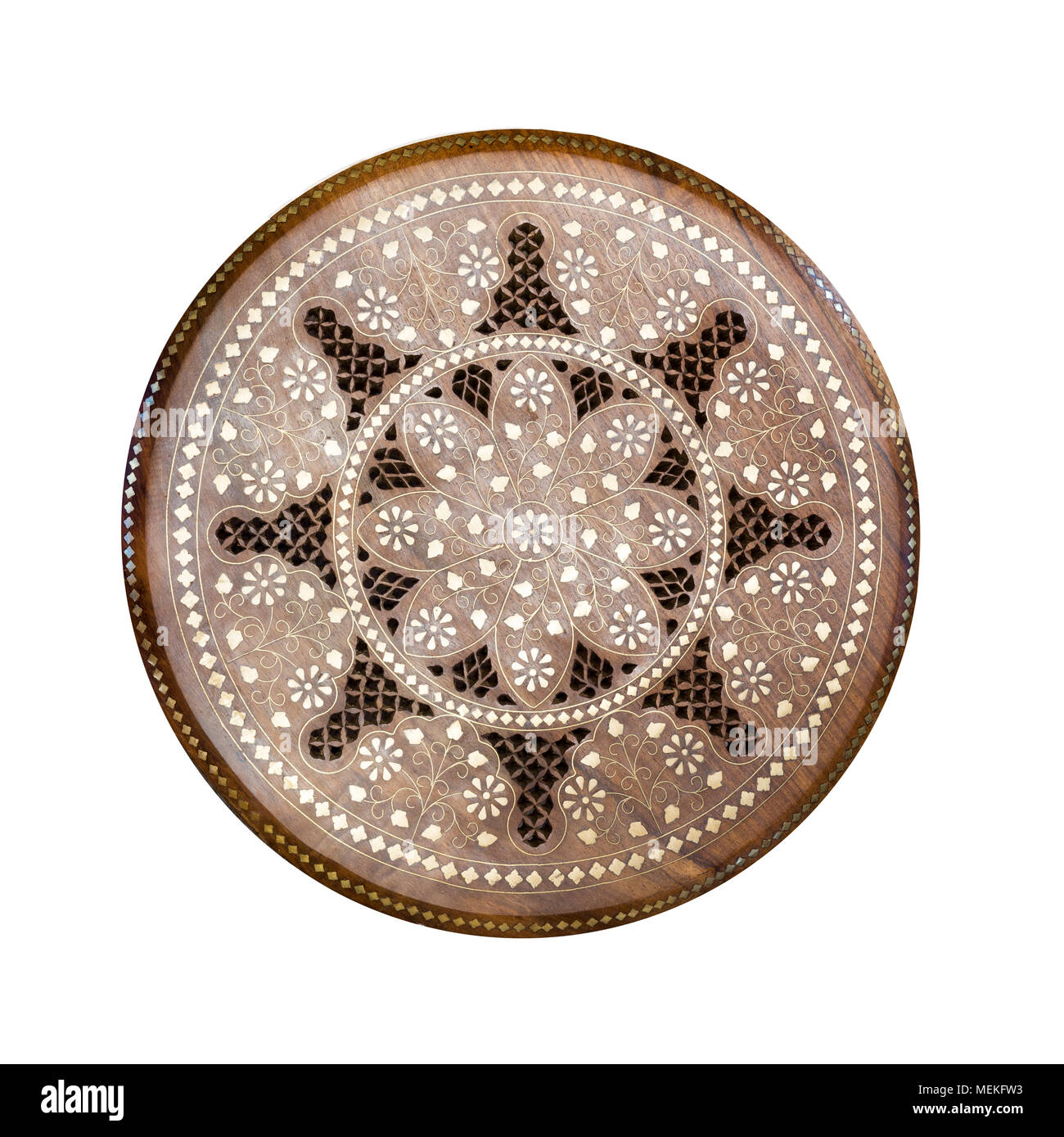 Handmade round wooden pattern. Ornamental circle floral decor panel ...