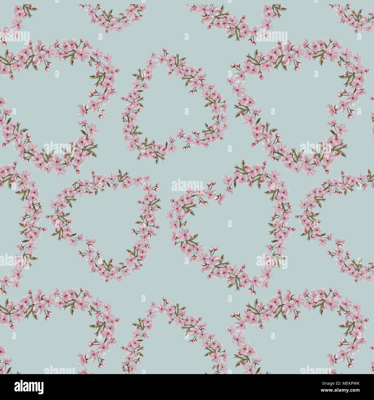 Watercolor Floral Heart Wreath Seamless Pattern on Blue Background ...