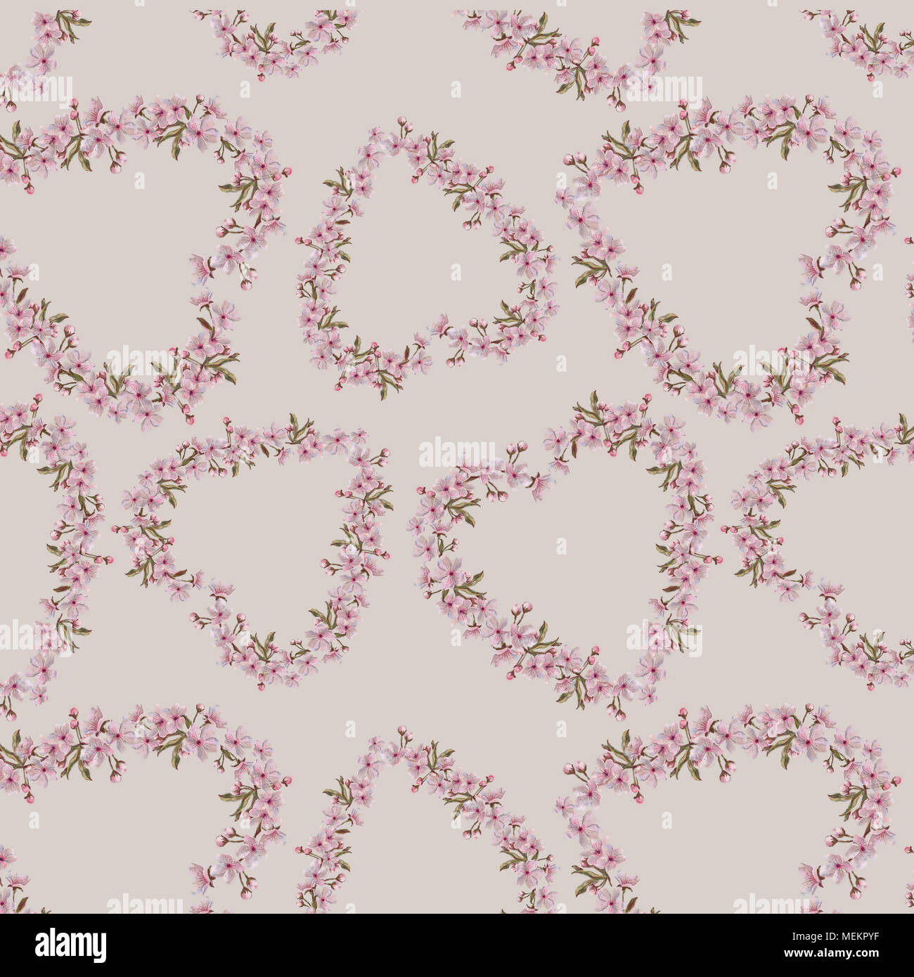 Heart Shaped Wreath Seamless Pattern on Tan Background. Watercolor ...