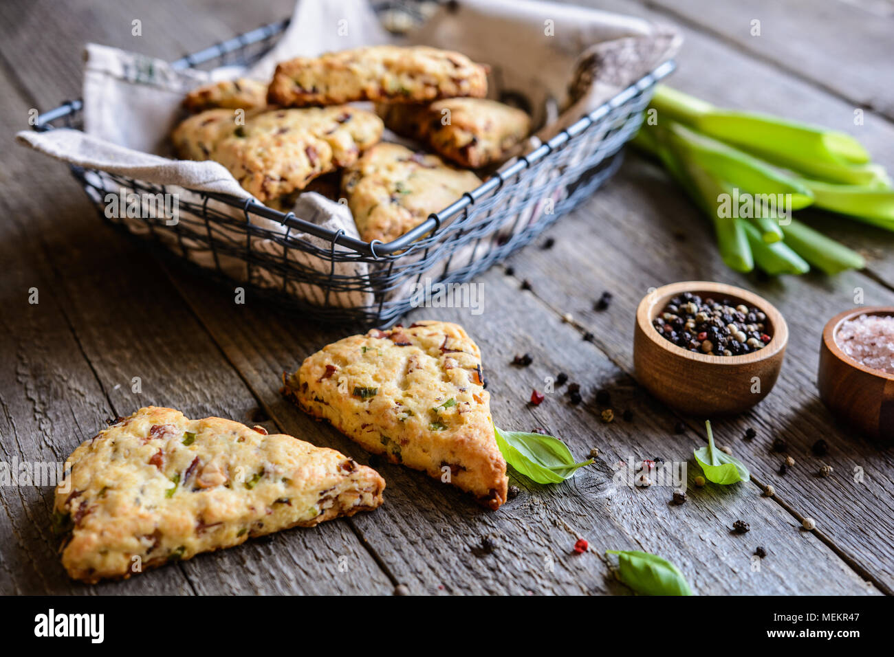 Scone triangles with cheese, bacon and scallion Stock Photo - Alamy
