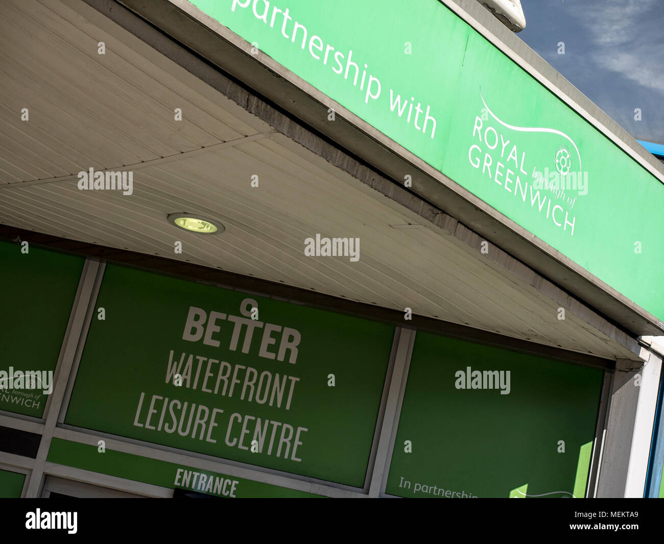 LONDON, UK - APRIL 05, 2018: Sign on Water Front Leisure Centre at ...