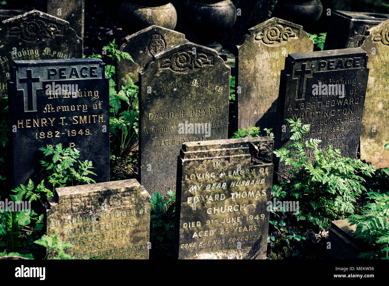 Many headstones crapped together and overgrown with plants at Abney ...