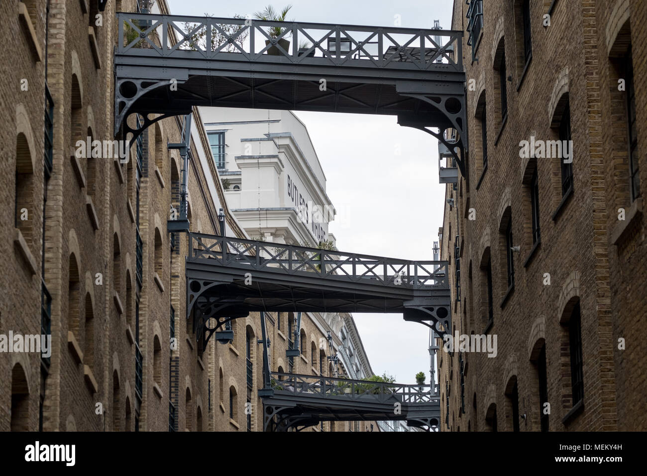 London UK. Close up of historic renovated Butler's Wharf warehouse ...