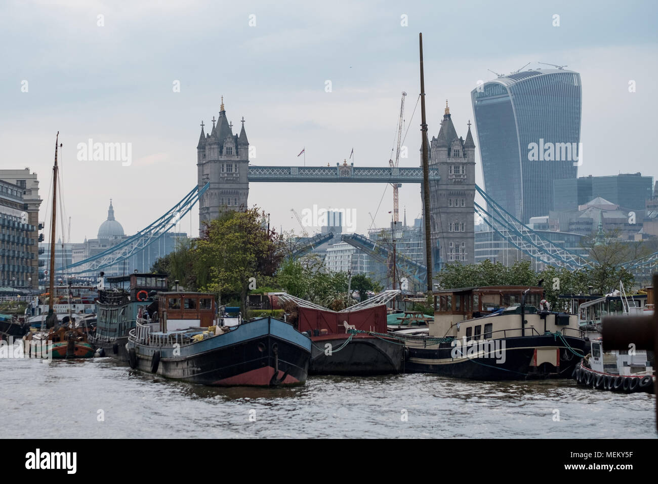 London UK. View of Tower Bridge and tall City buildings in the ...