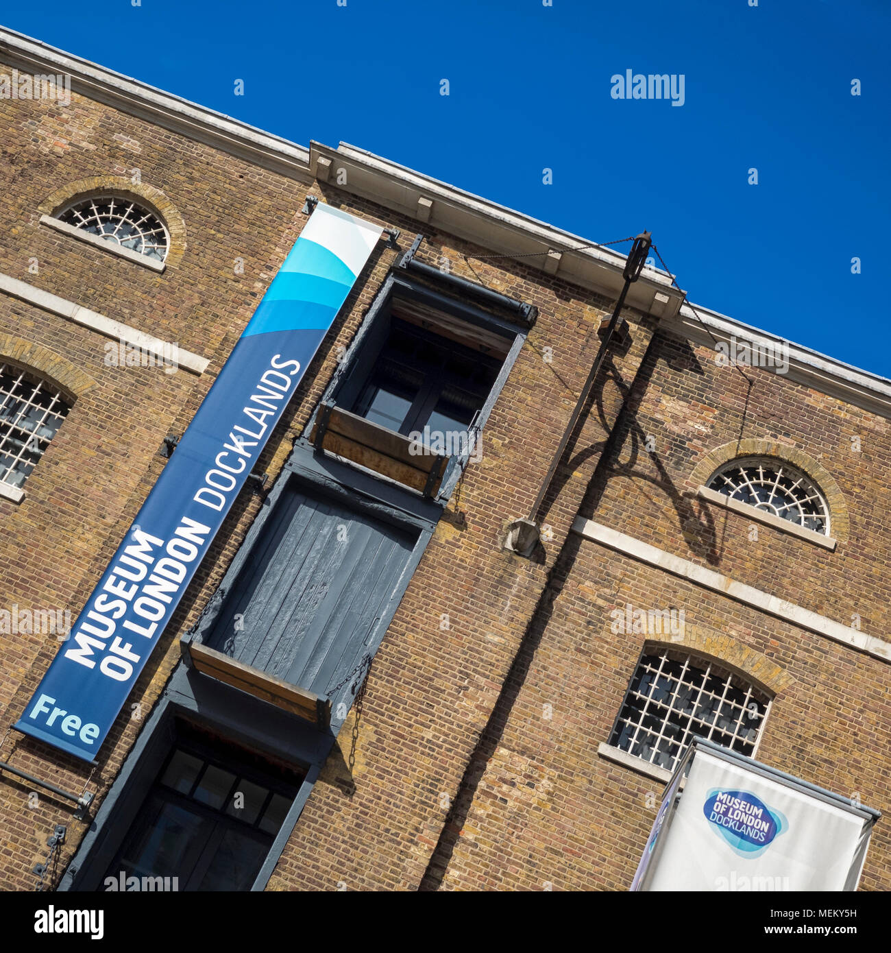 LONDON, UK - APRIL 05, 2018: Signs outside Museum of London Docklands ...