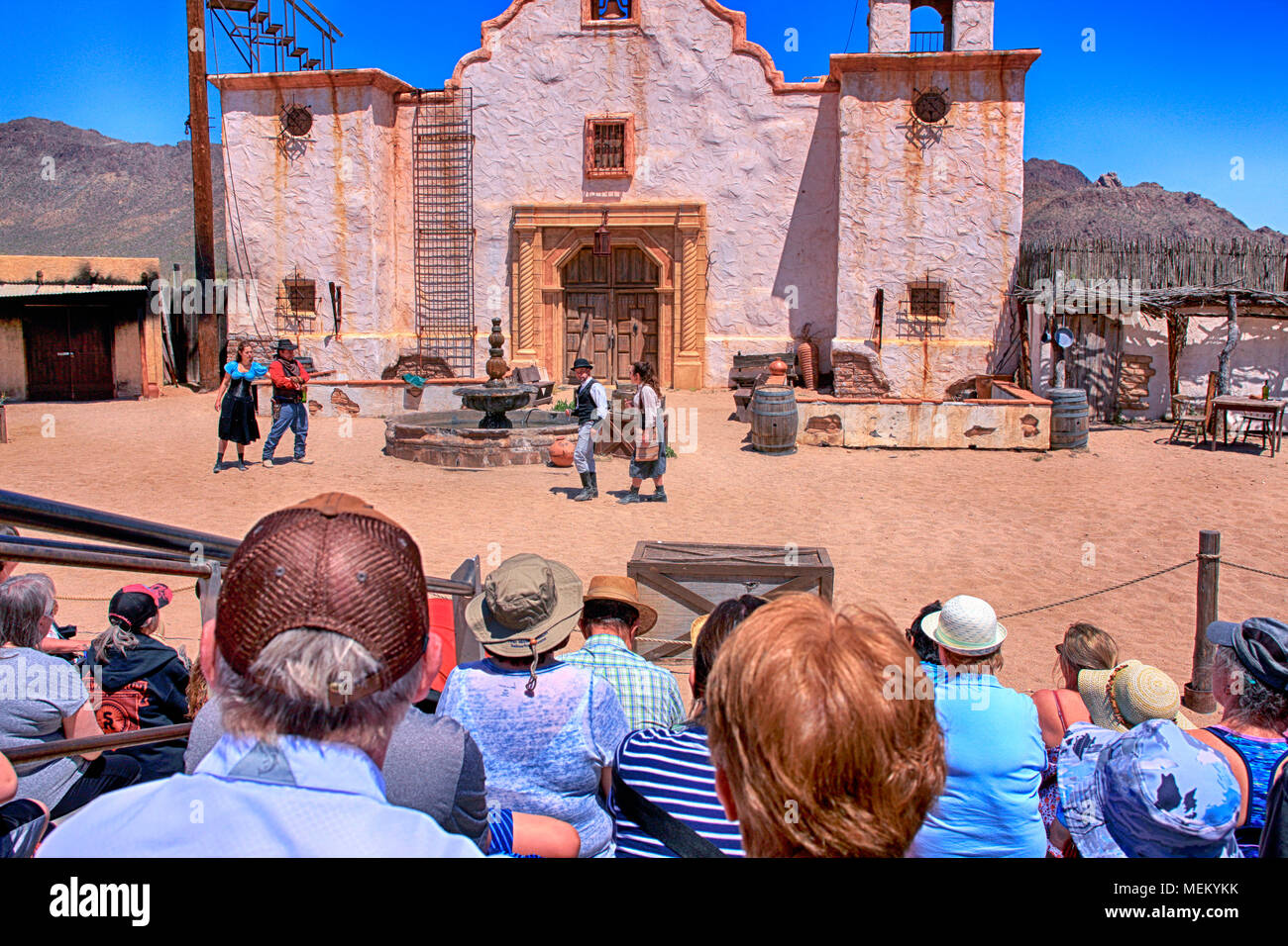 Gun fight at the Mission at the Old Tucson Film Studios amusement park ...