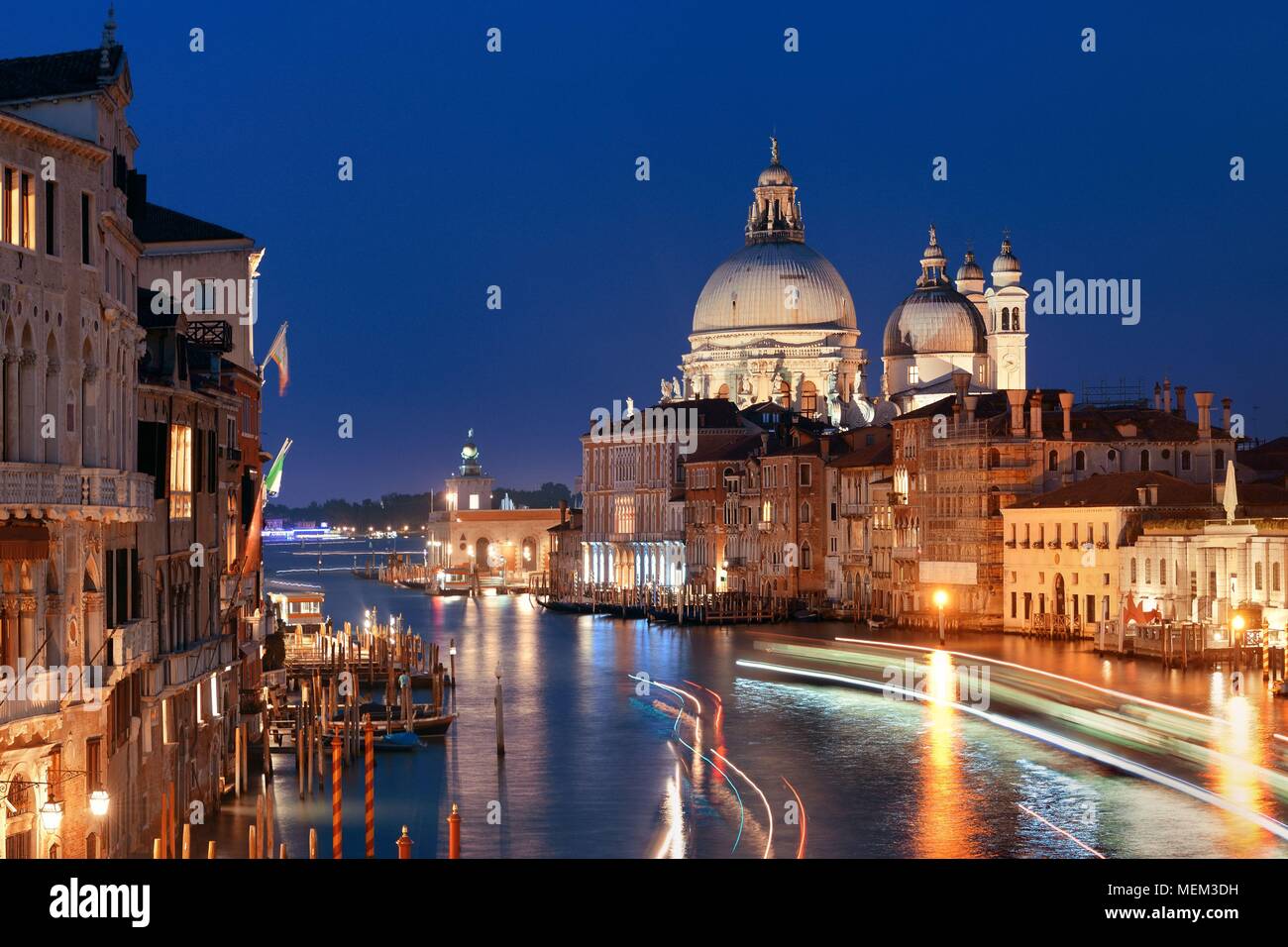 Busy Venice Grand Canal with light trails at night, Italy Stock Photo ...