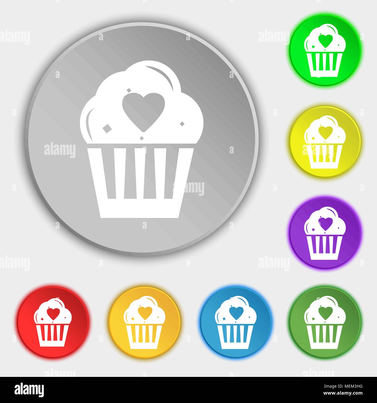 Cute Lovely Cupcake with Heart icon sign. Symbol on eight flat buttons ...