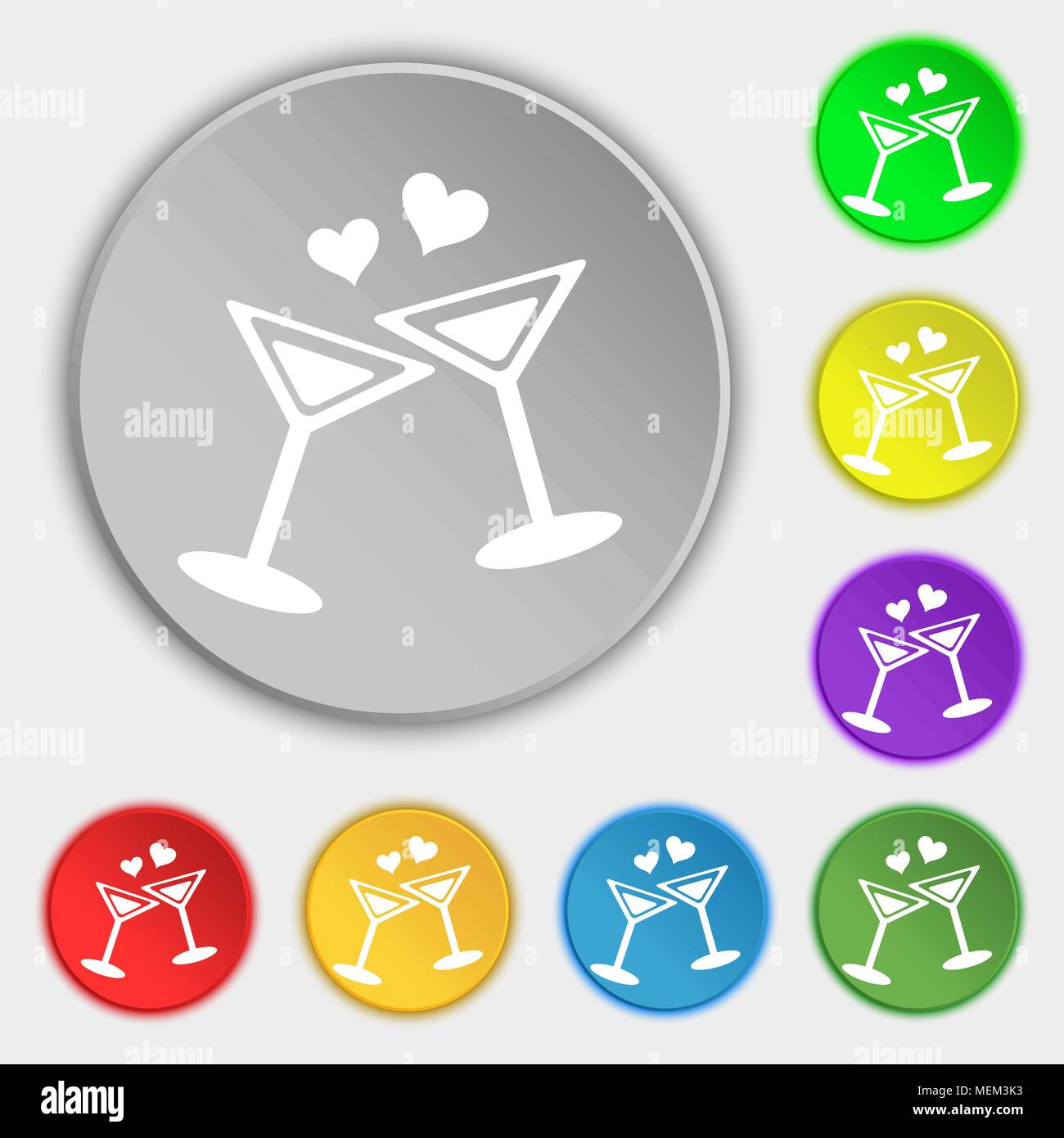 Cocktail in glass with hearts icon sign. Symbol on eight flat buttons ...