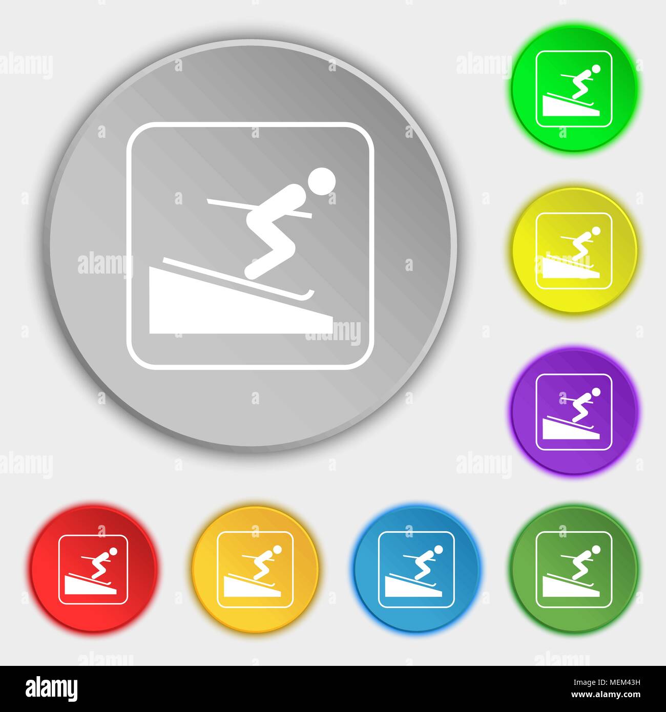 Skier icon sign. Symbol on eight flat buttons. Vector illustration ...