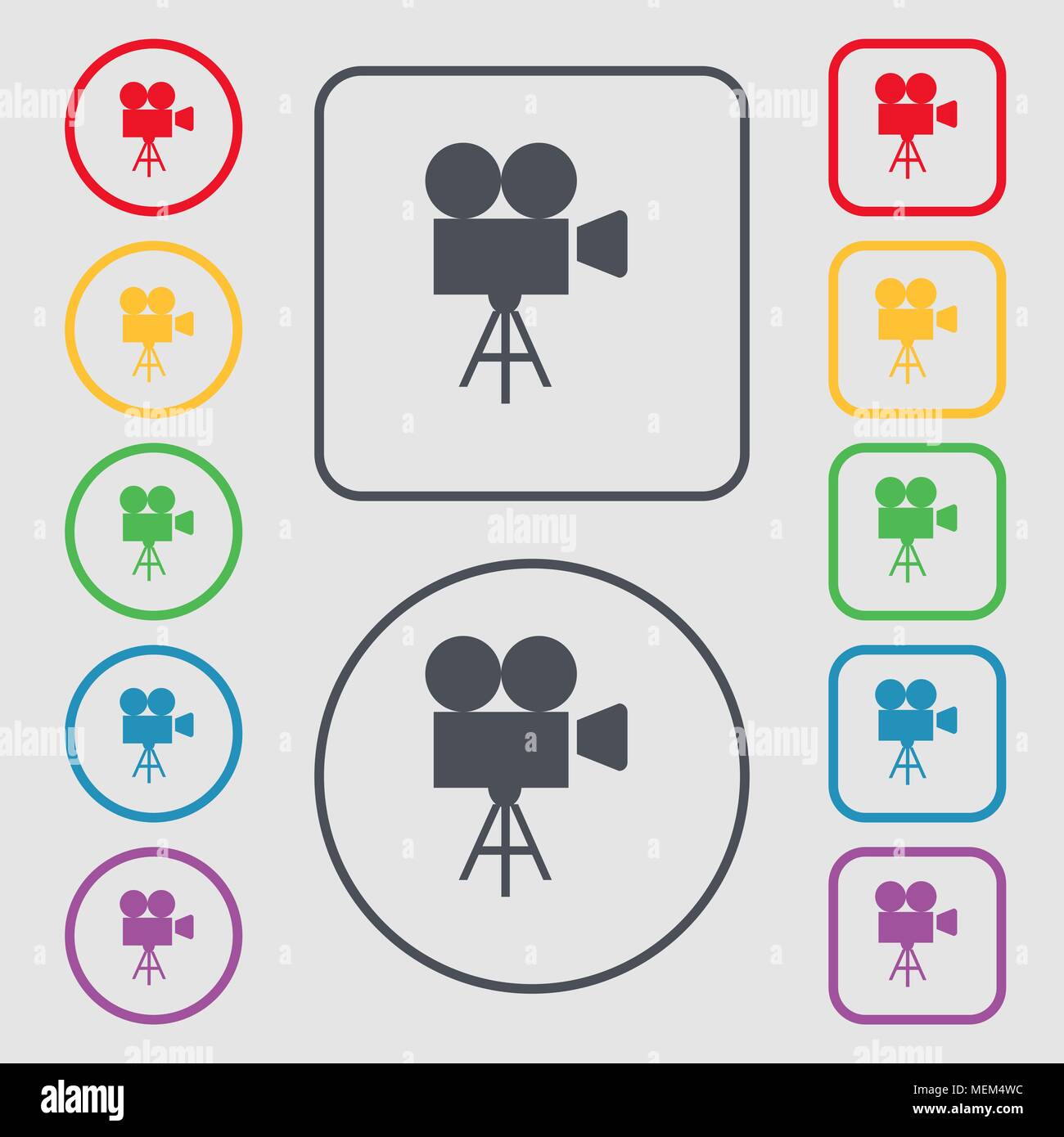 Video camera icon sign. symbol on the Round and square buttons with ...