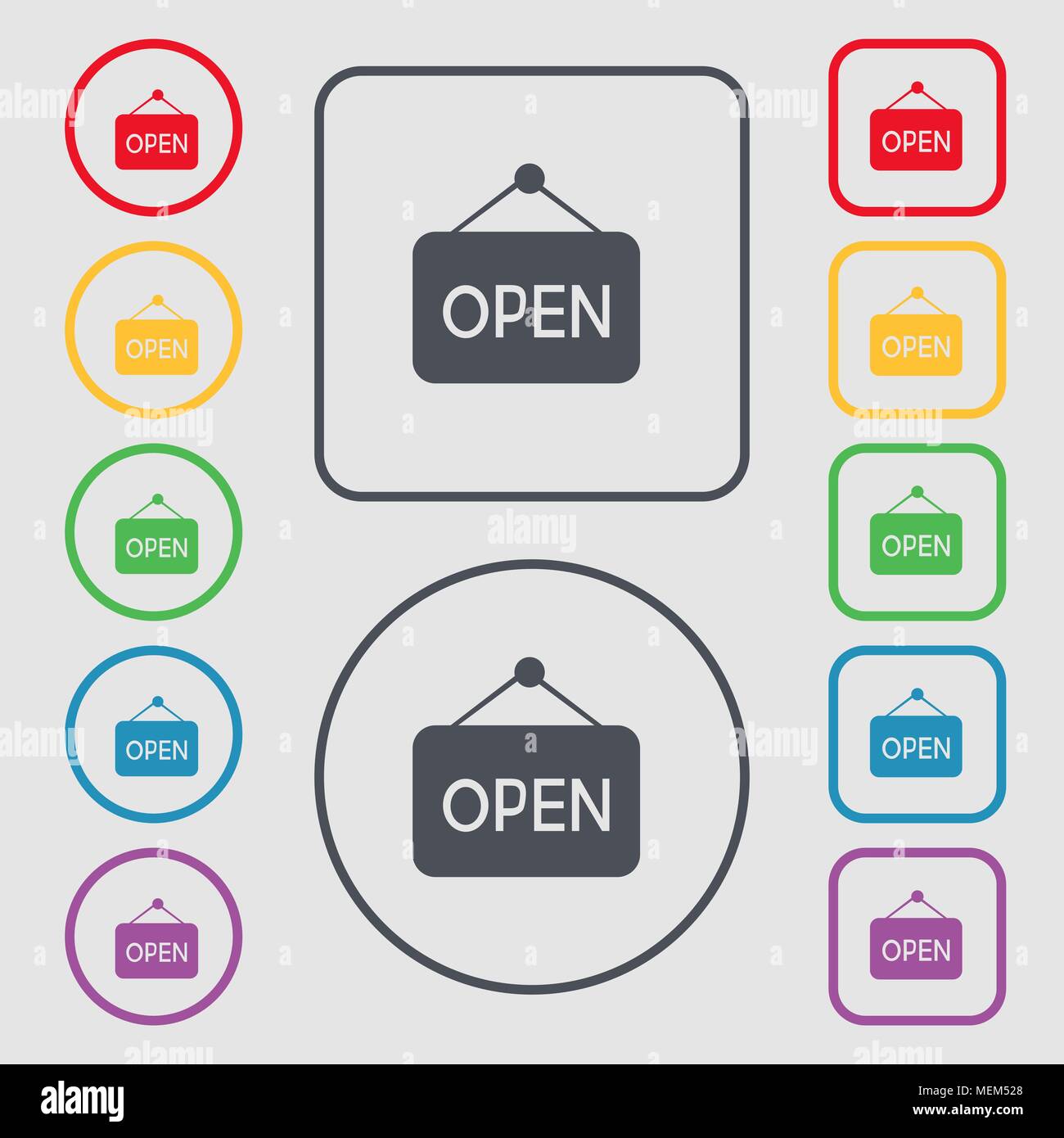 open icon sign. symbol on the Round and square buttons with frame ...