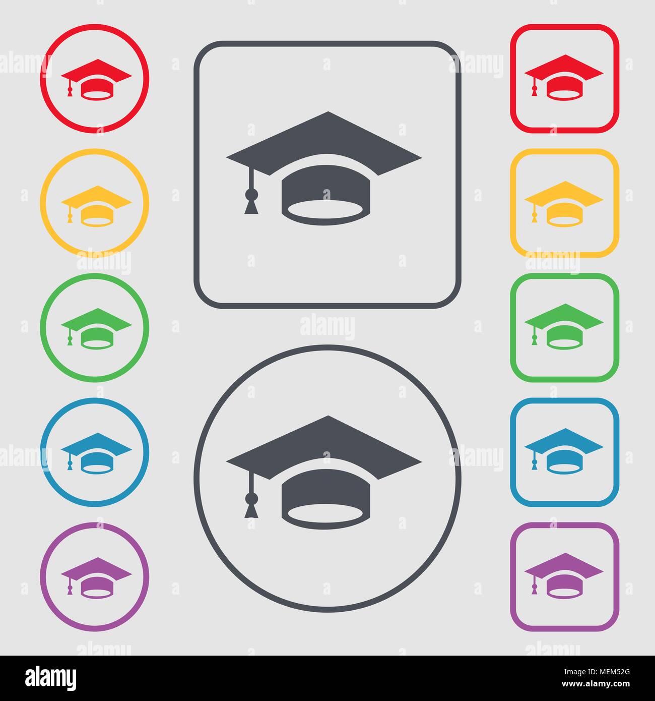 Graduation icon sign. symbol on the Round and square buttons with frame ...