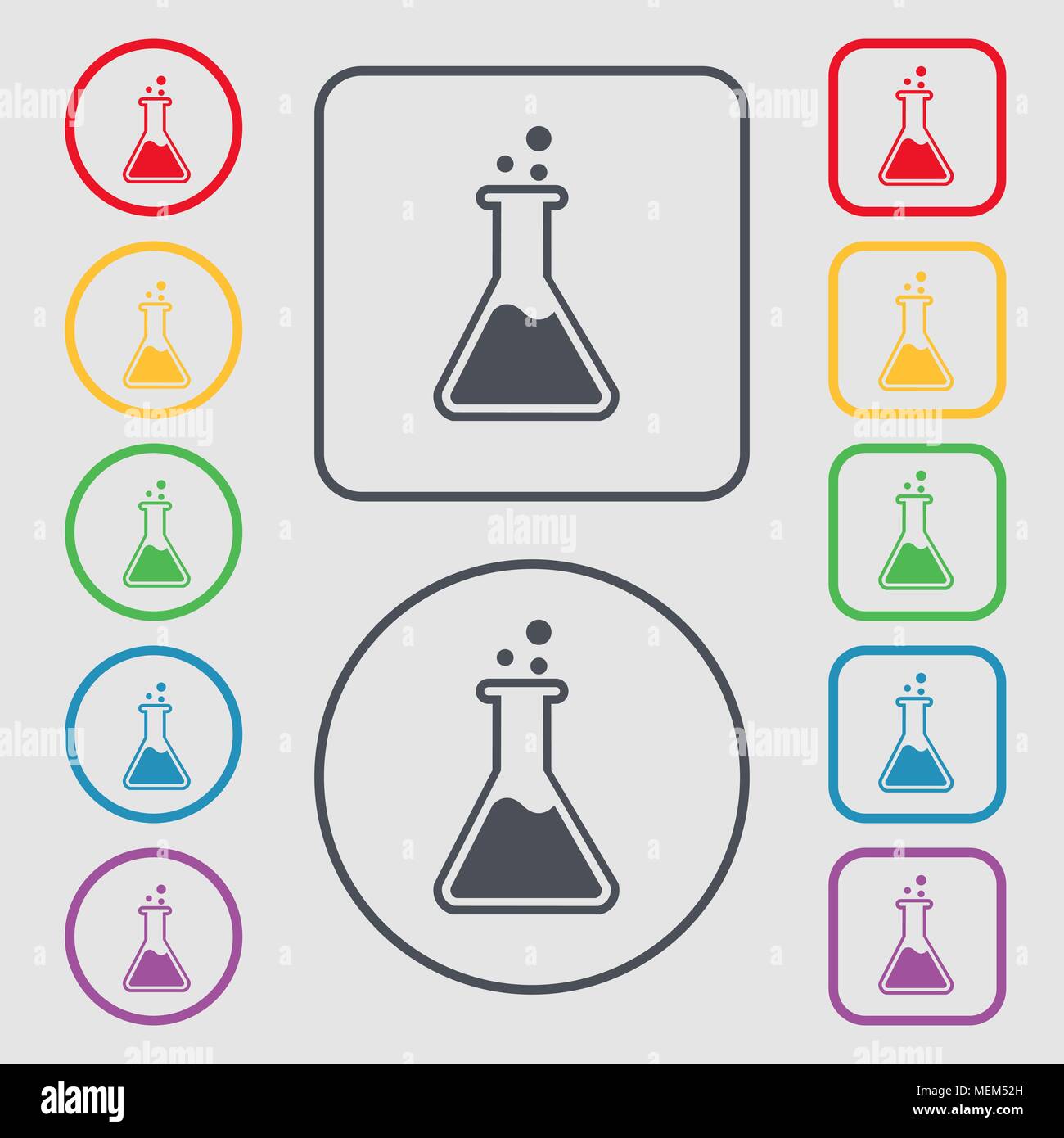 Flask icon sign. symbol on the Round and square buttons with frame ...