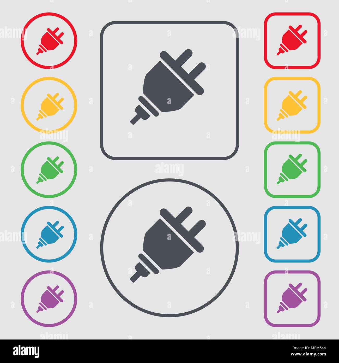 plug icon sign. symbol on the Round and square buttons with frame ...