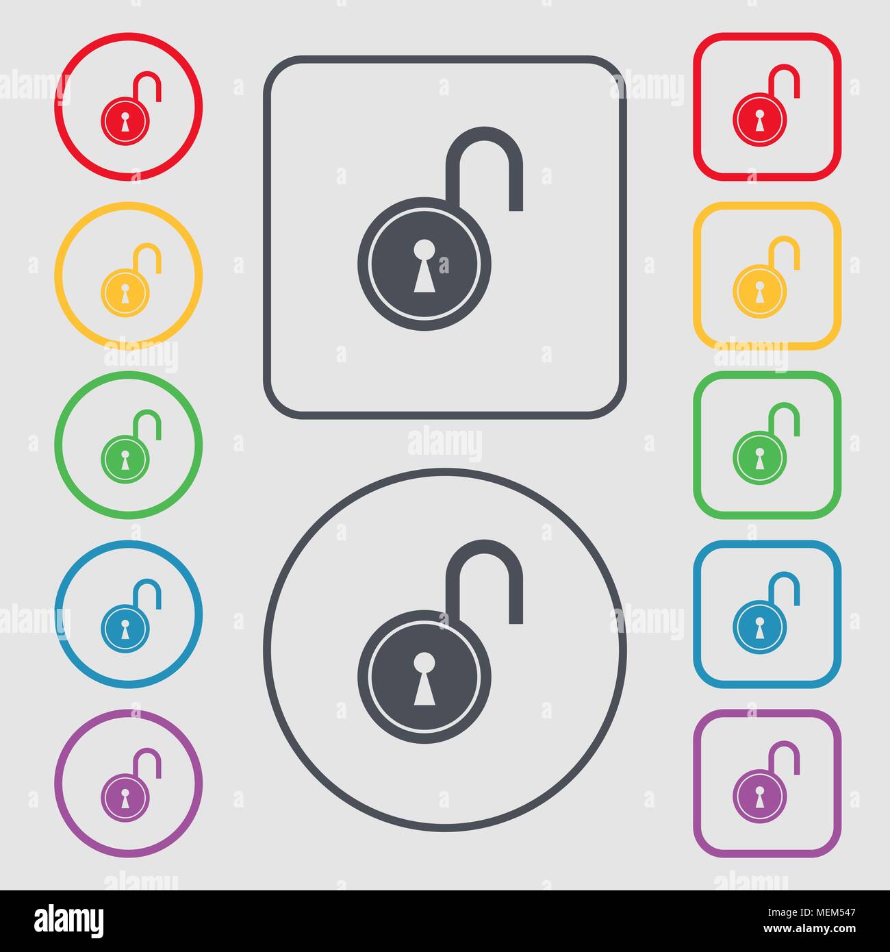 open lock icon sign. symbol on the Round and square buttons with frame ...