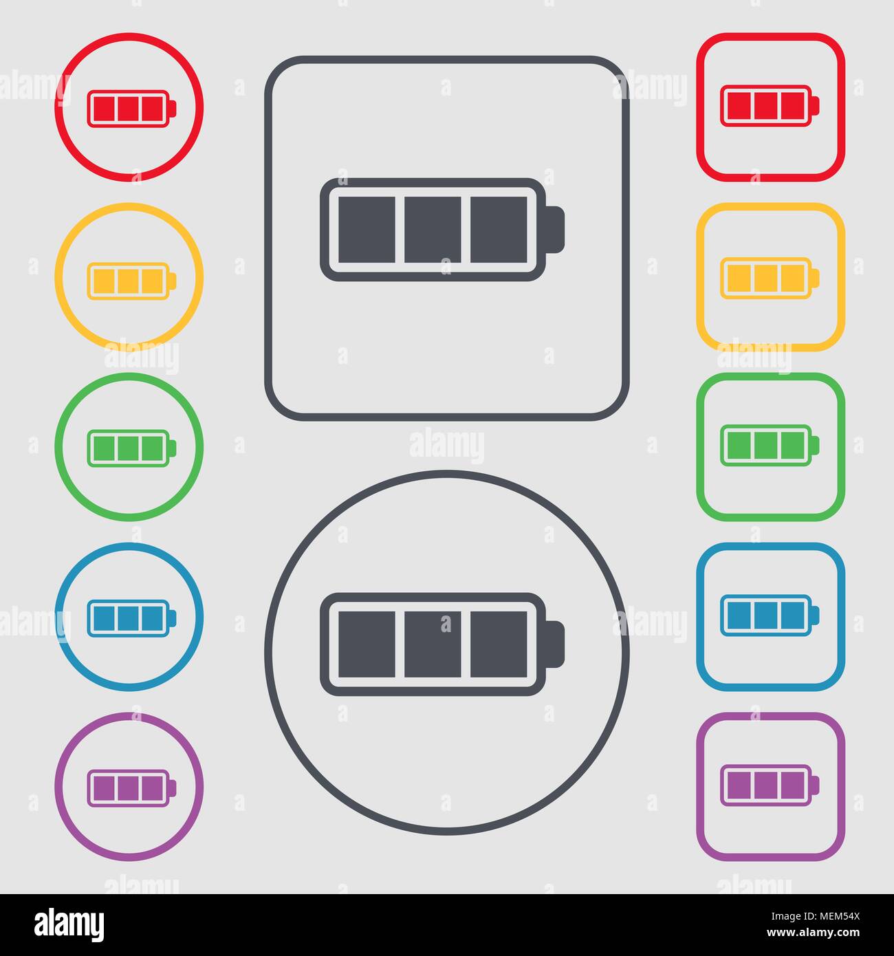 Battery fully charged icon sign. symbol on the Round and square buttons ...