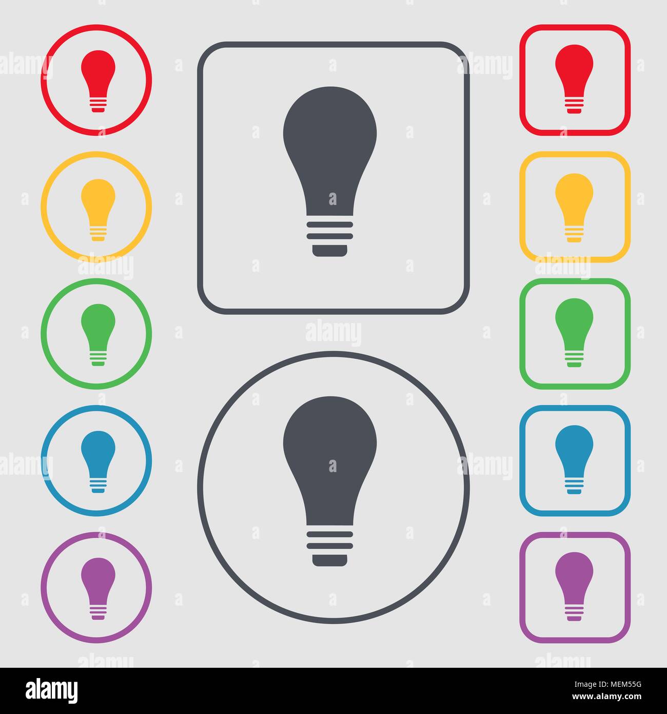 Light bulb icon sign. symbol on the Round and square buttons with frame ...