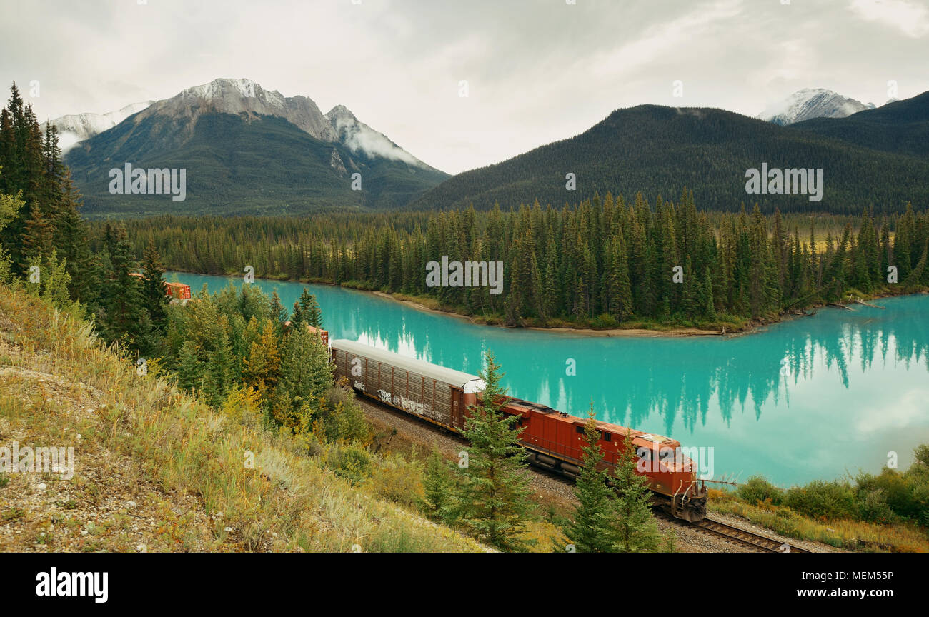Cargo train and lake forest in Banff National Park in Canada Stock ...
