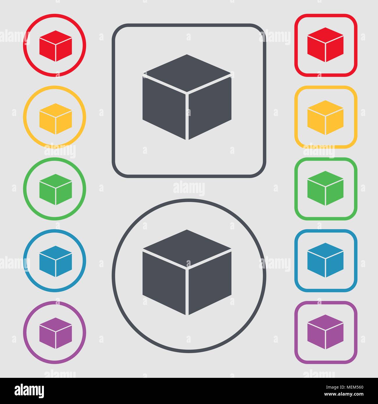 cube icon sign. symbol on the Round and square buttons with frame ...