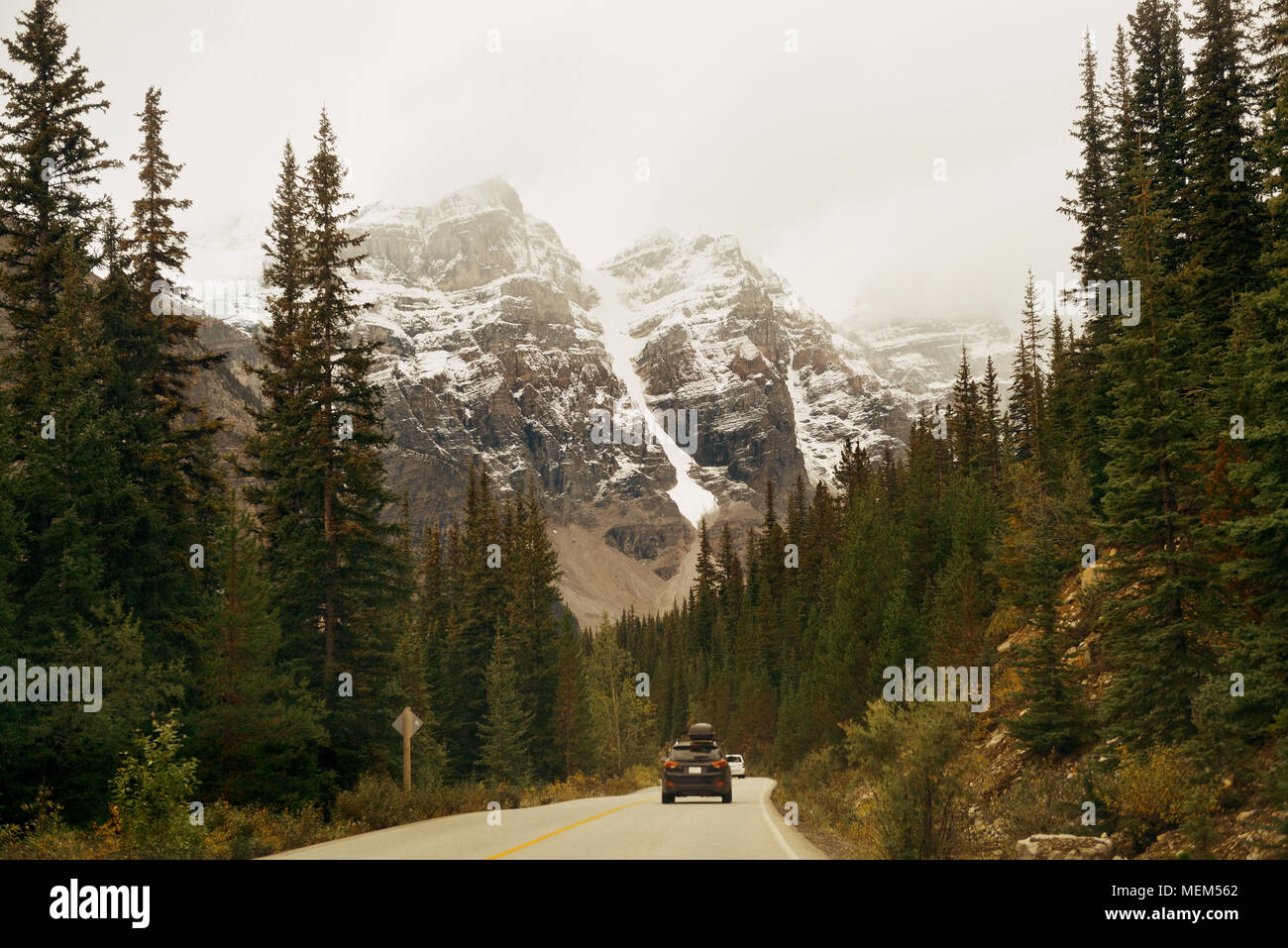 Snow capped mountain of Banff National Park and highway in Canada Stock ...