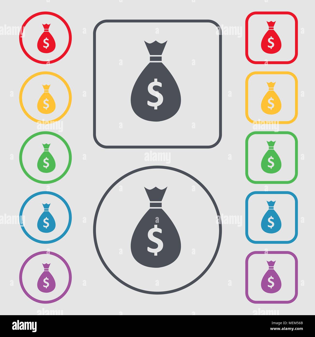 dollar money bag icon sign. symbol on the Round and square buttons with ...