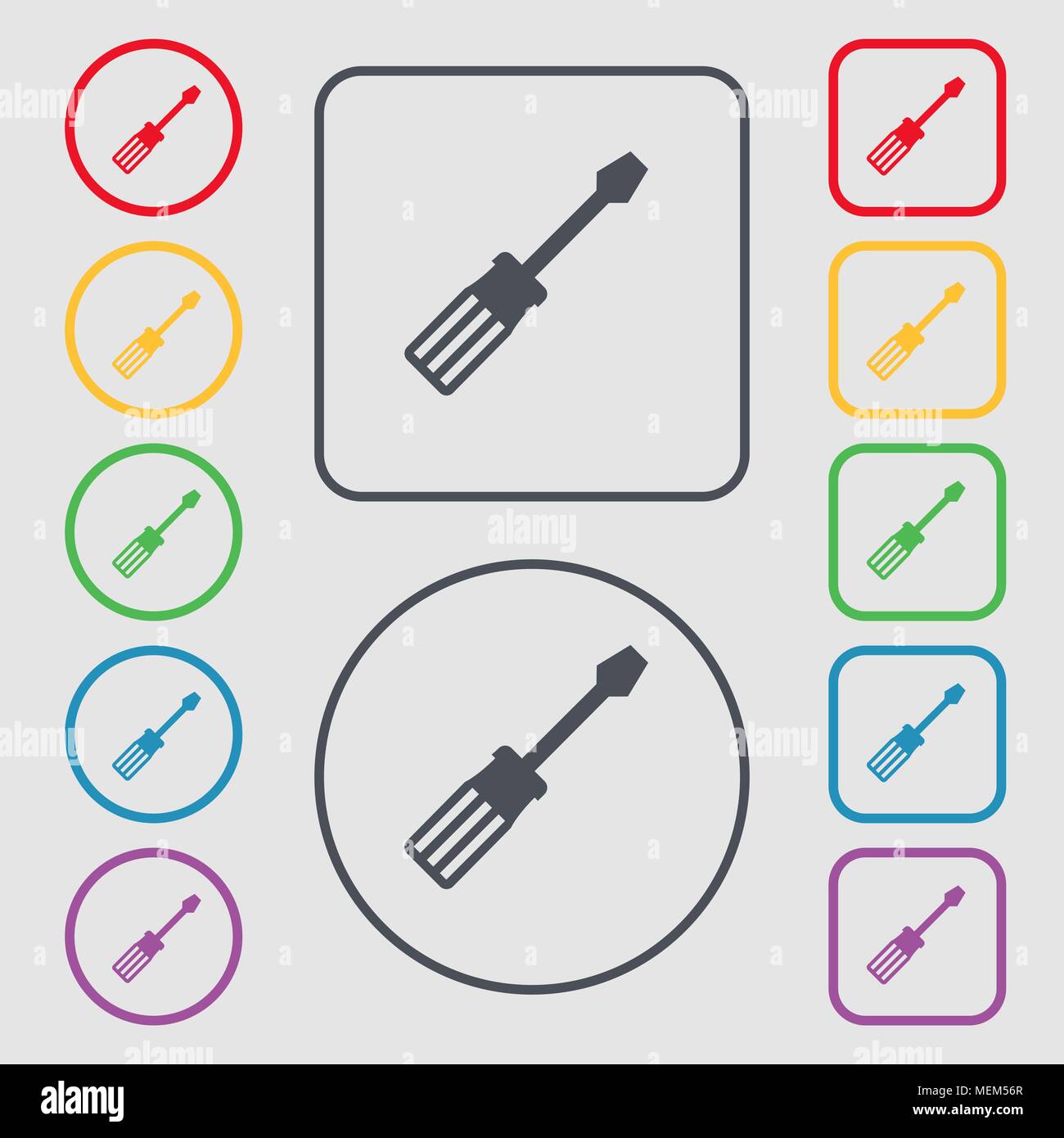 screwdriver icon sign. symbol on the Round and square buttons with ...