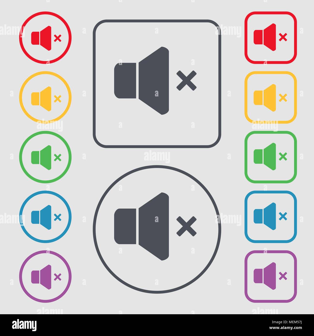 No Volume icon sign. symbol on the Round and square buttons with frame ...