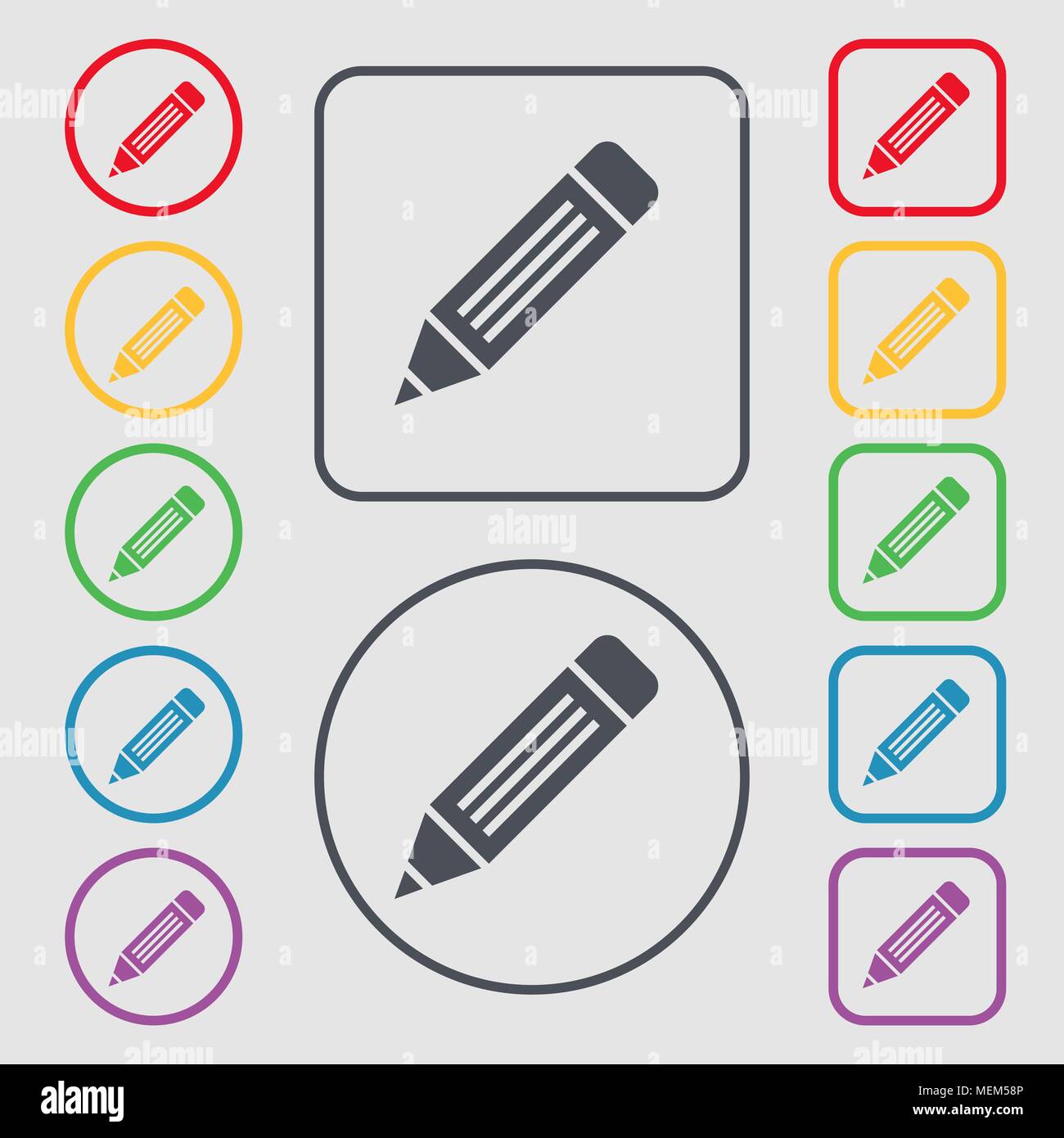 pen icon sign. symbol on the Round and square buttons with frame ...