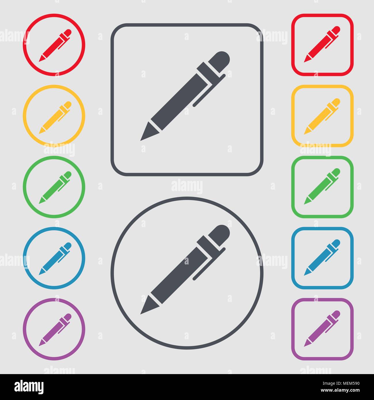 pen icon sign. symbol on the Round and square buttons with frame ...
