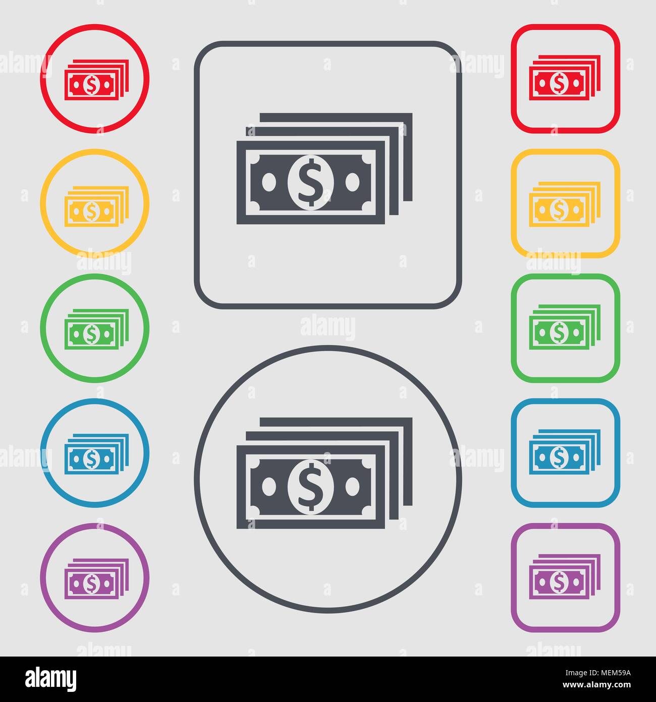 money, dollar icon sign. symbol on the Round and square buttons with ...