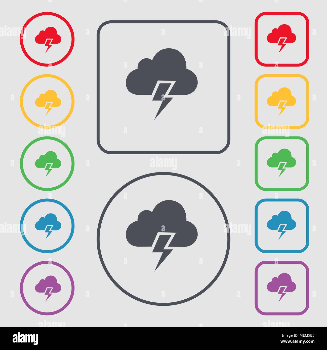 Heavy thunderstorm icon sign. symbol on the Round and square buttons ...