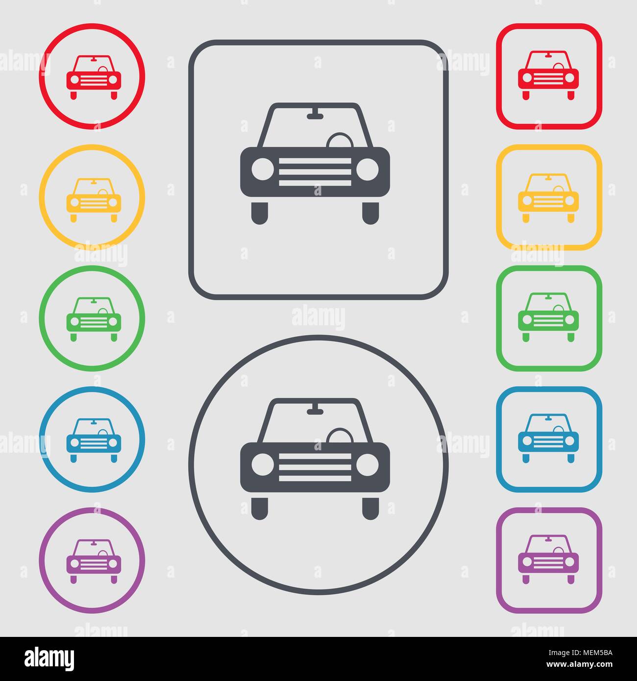car icon sign. symbol on the Round and square buttons with frame ...