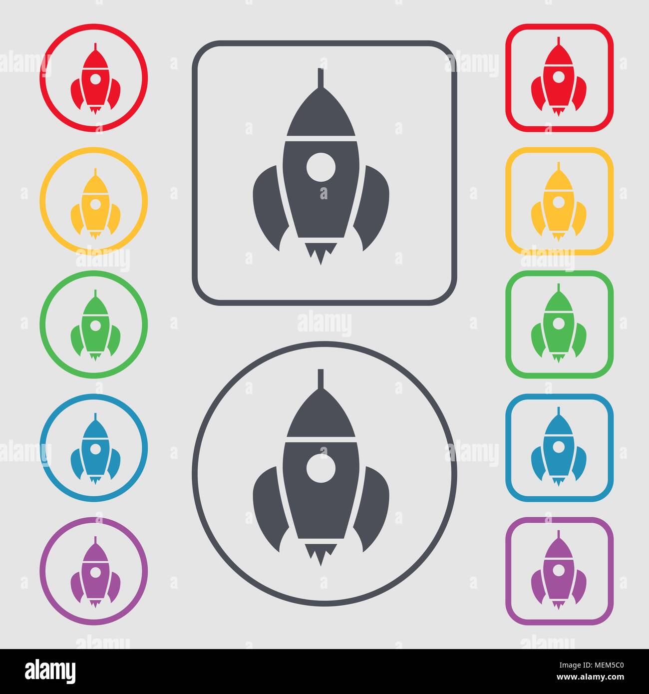 Rocket icon sign. symbol on the Round and square buttons with frame ...