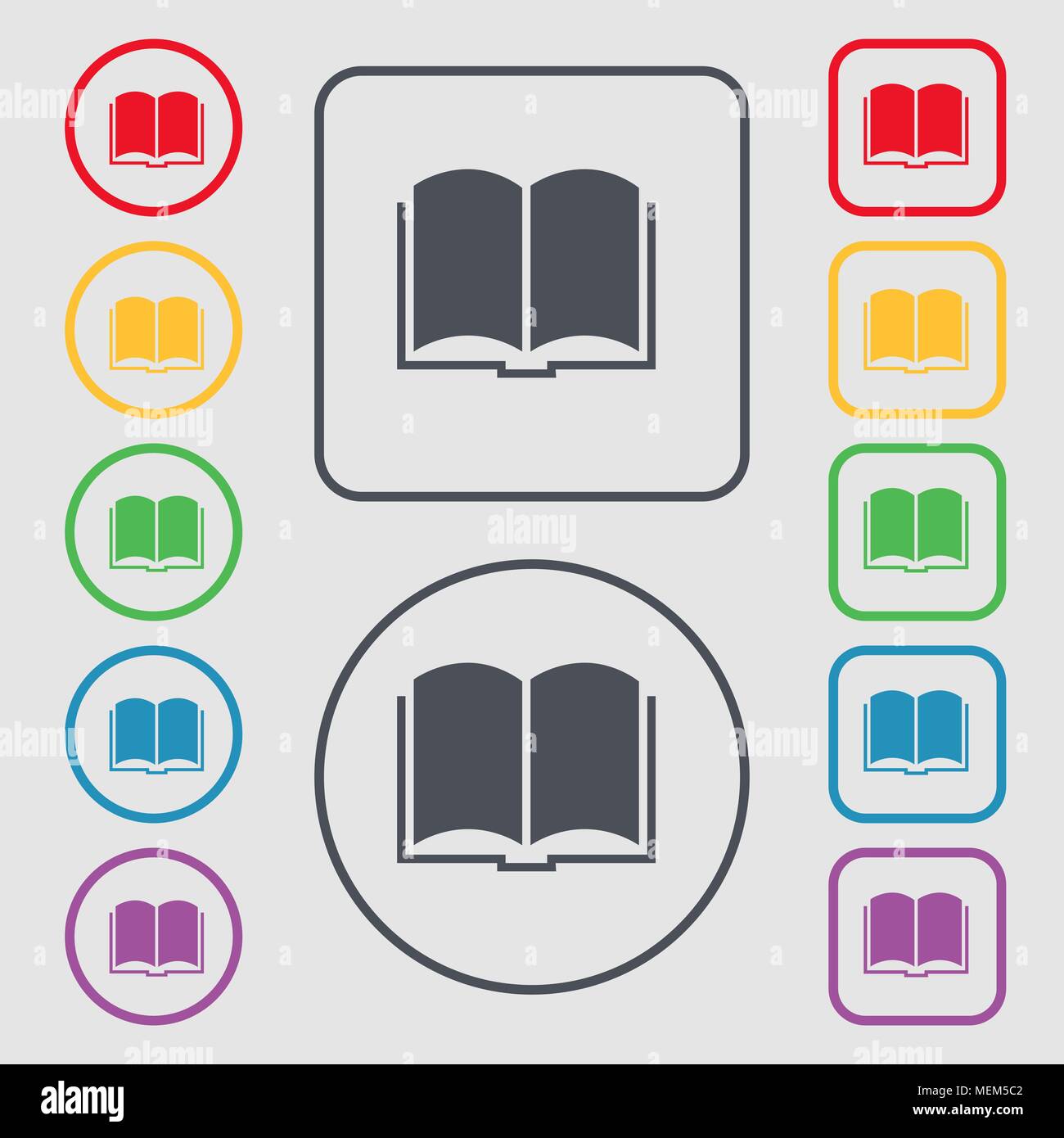 Book icon sign. symbol on the Round and square buttons with frame ...