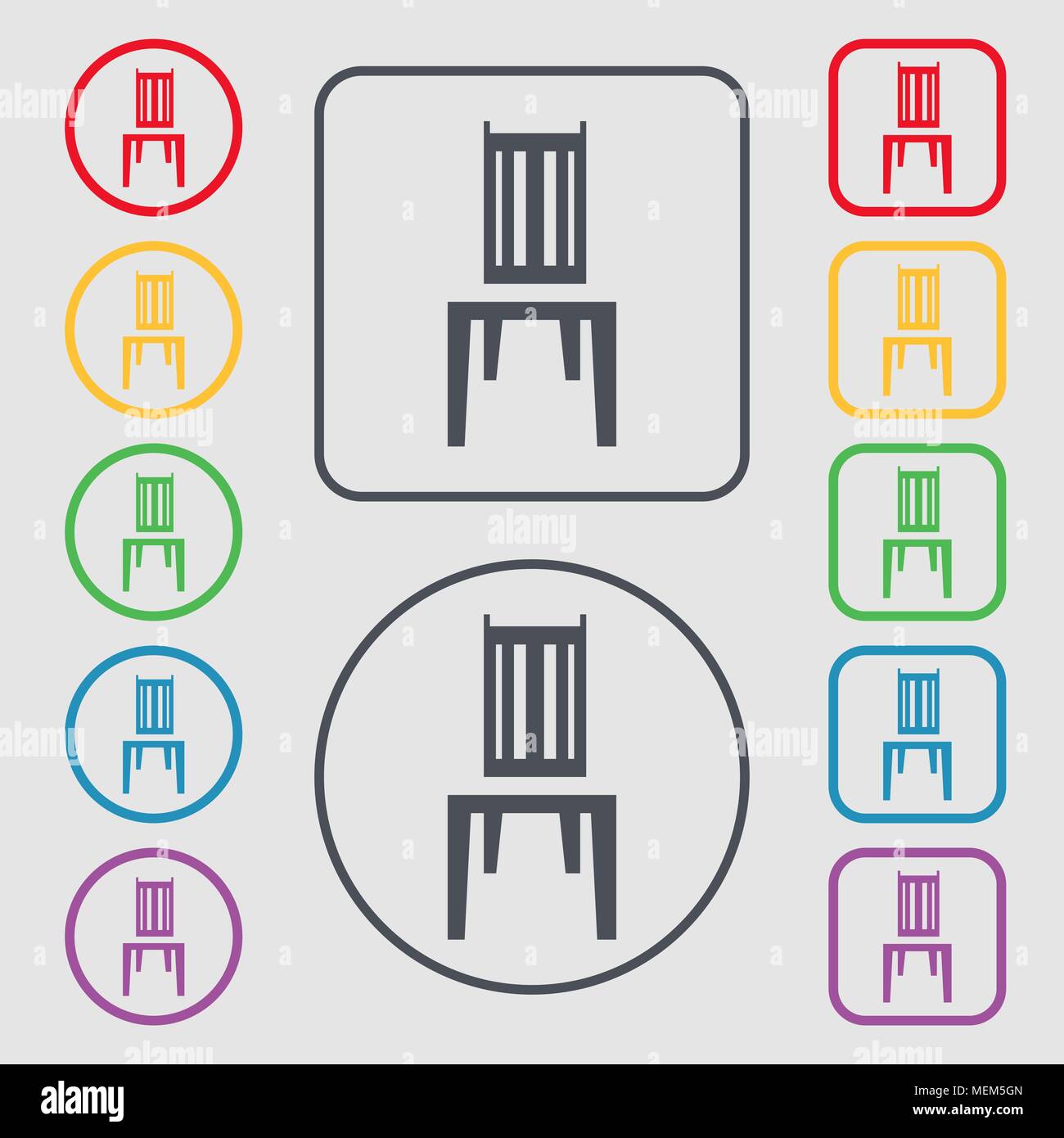 chair icon sign. symbol on the Round and square buttons with frame ...