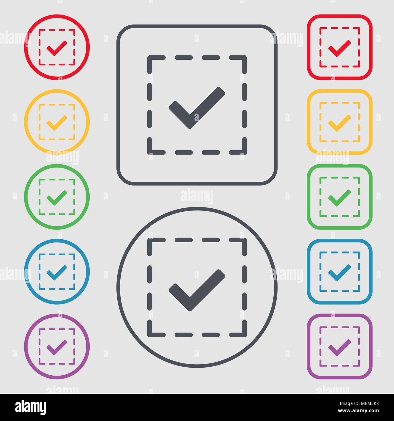 Check mark, tik icon sign. symbol on the Round and square buttons with ...