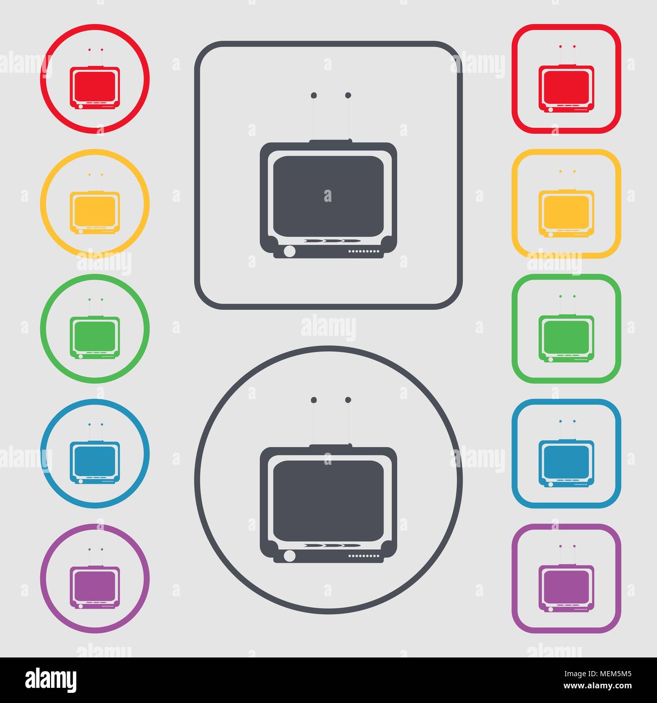 TV icon sign. symbol on the Round and square buttons with frame. Vector ...