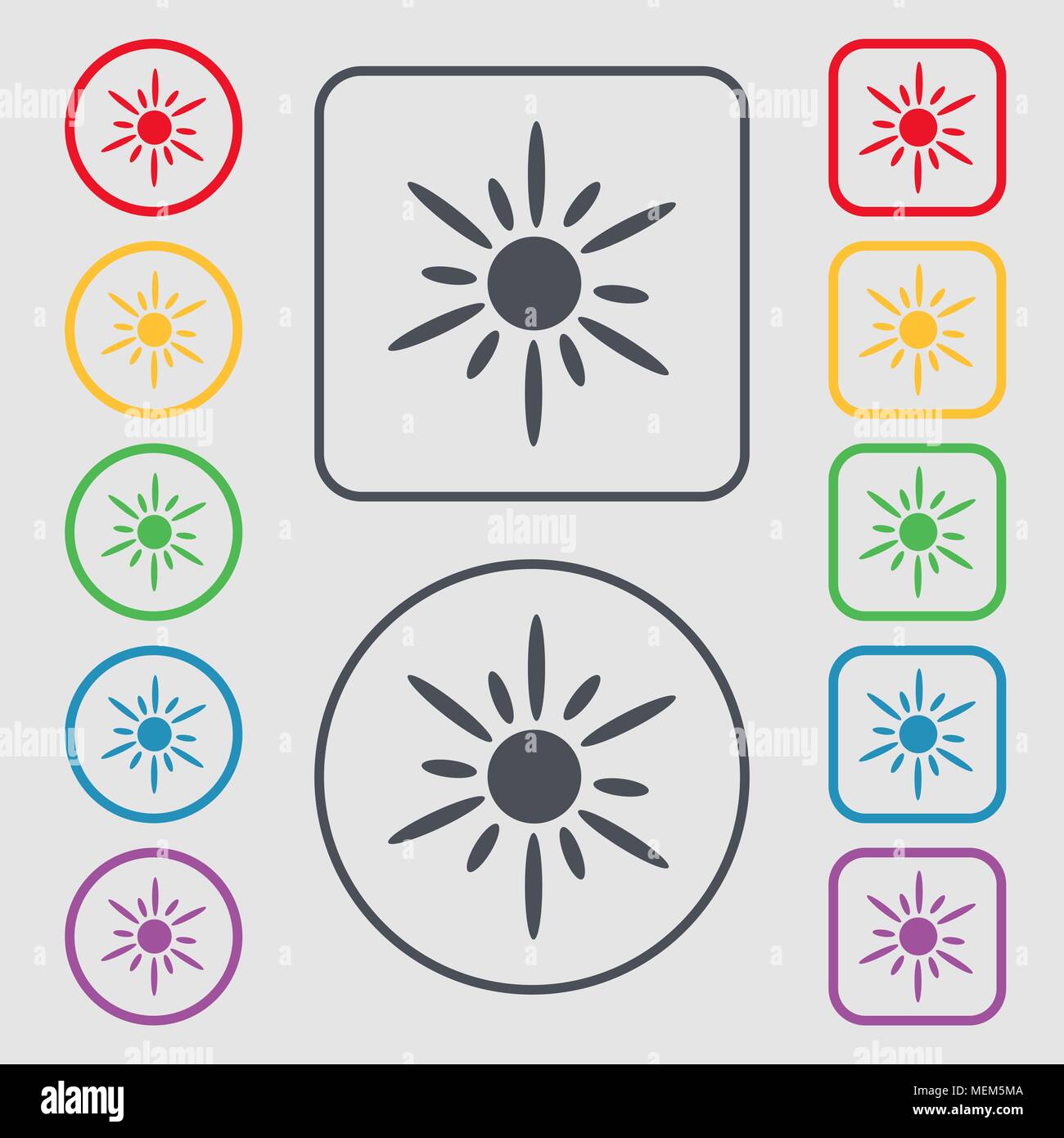 Sun icon sign. symbol on the Round and square buttons with frame ...